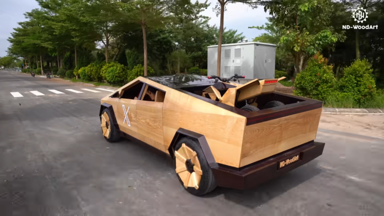 VIDEO: Wooden Tesla Cybertruck drives, made for kids!