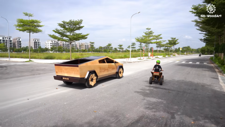 VIDEO: Wooden Tesla Cybertruck drives, made for kids!